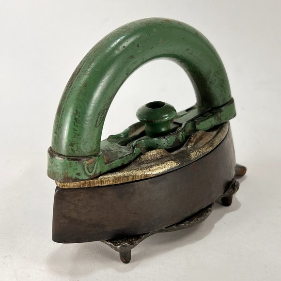 Accents | Antique Flat Sad Iron Resting Stand Trivet Green Wood Handle ...